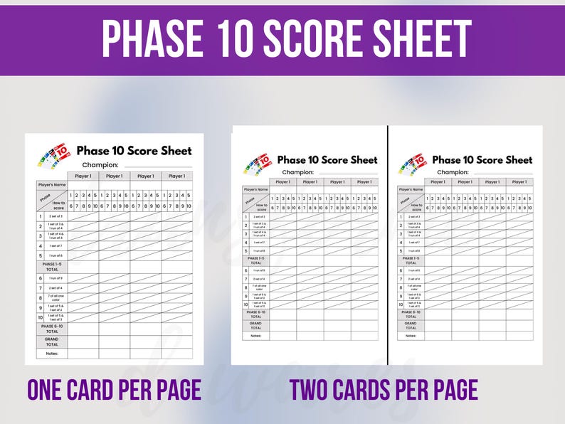Phase 10 Score Sheet Template, Printable Phase 10 Score Sheet, Phase 10 ...