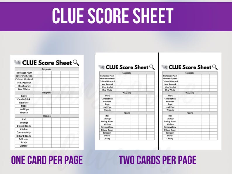 Clue Score Sheet Template, Printable Clue Score Sheet, Clue Game Score ...