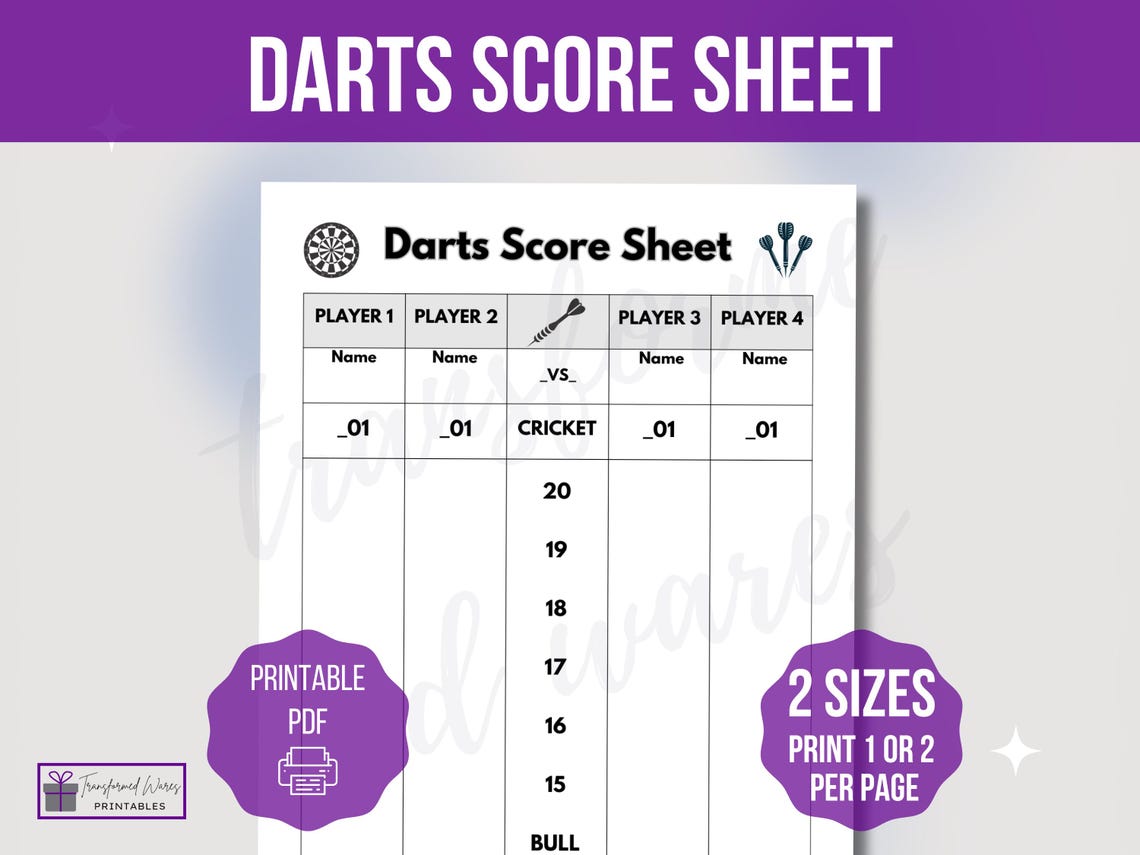 Darts Score Sheet Template, Printable Darts Score Sheet, Darts Game ...