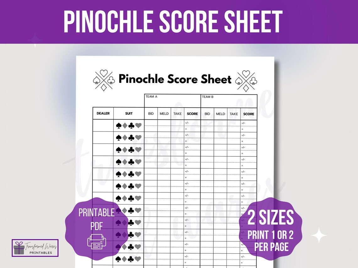 Pinochle Score Sheet Template, Printable Pinochle Score Sheet, Pinochle ...