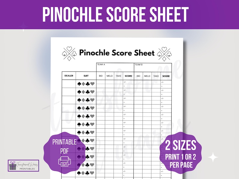 Pinochle Score Sheet Template, Printable Pinochle Score Sheet, Pinochle ...