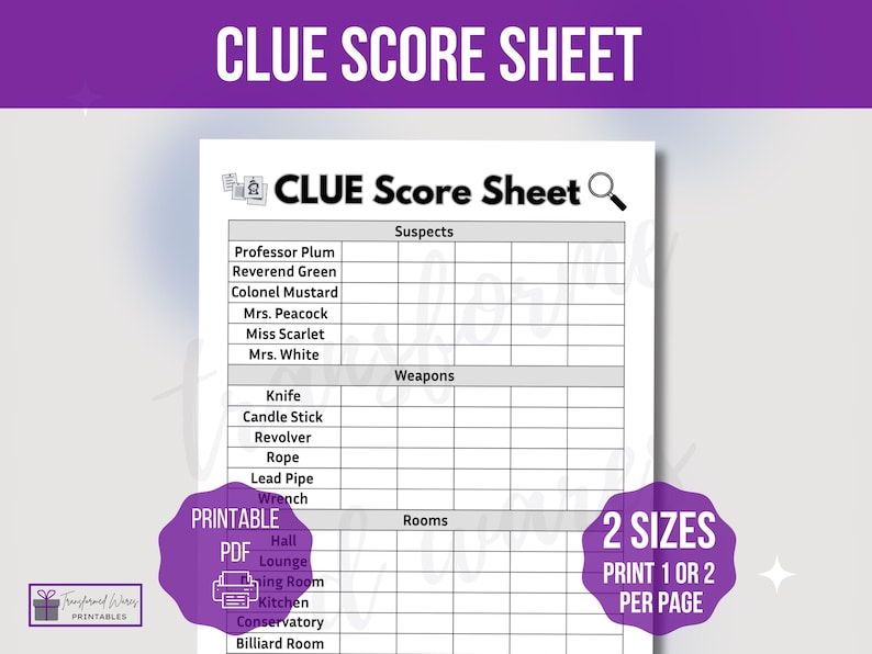 Clue Score Sheet Template, Printable Clue Score Sheet, Clue Game Score ...