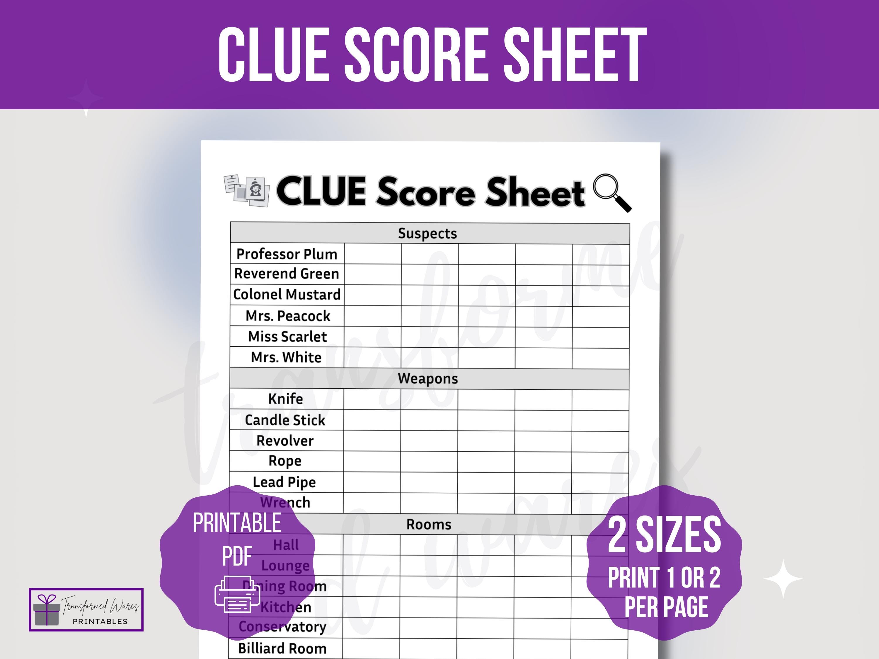 Clue Score Sheet Template, Printable Clue Score Sheet, Clue Game Score ...