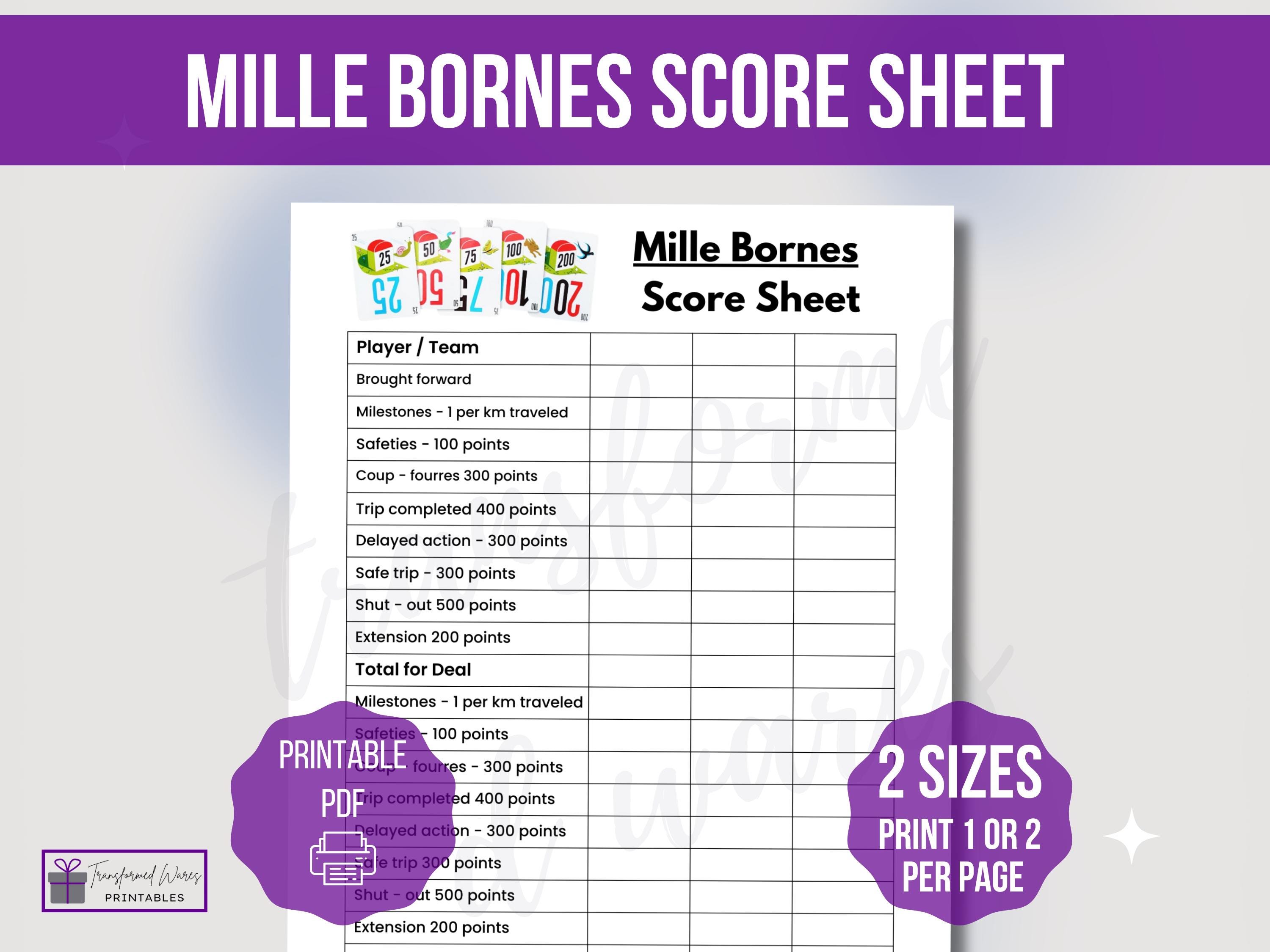 Mille Bornes Score Sheet Template, Printable Mille Bornes Score Sheet, Mille Bornes Game Score ...