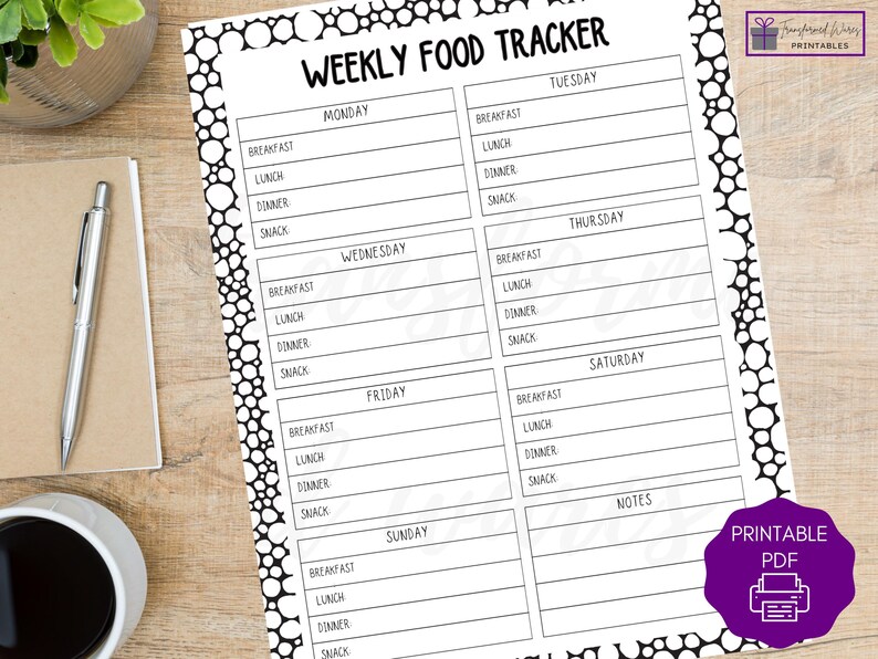 Weekly Food Tracker Journal Printable Page | Health Planner & Meal ...