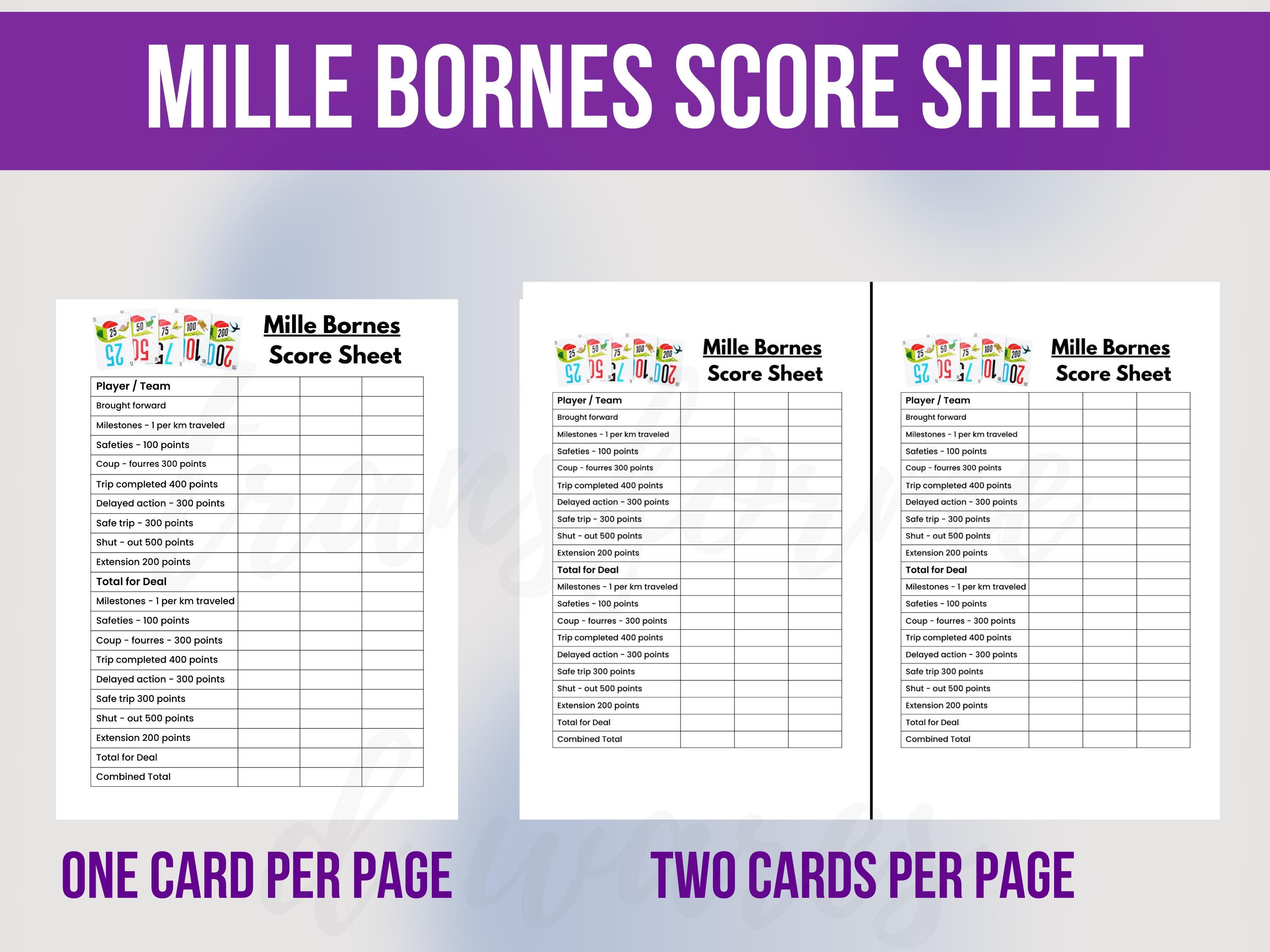 Mille Bornes Score Sheet Template, Printable Mille Bornes Score Sheet, Mille Bornes Game Score ...
