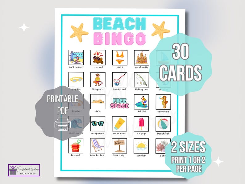 Beach Bingo, 30 Printable Beach Bingo Cards, Summer Bingo, Fun in the ...