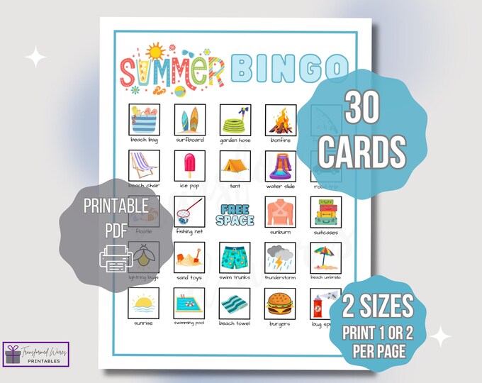 30 Beach Bingo Cards Printable Game, Beach Day Birthday Party Bingo ...