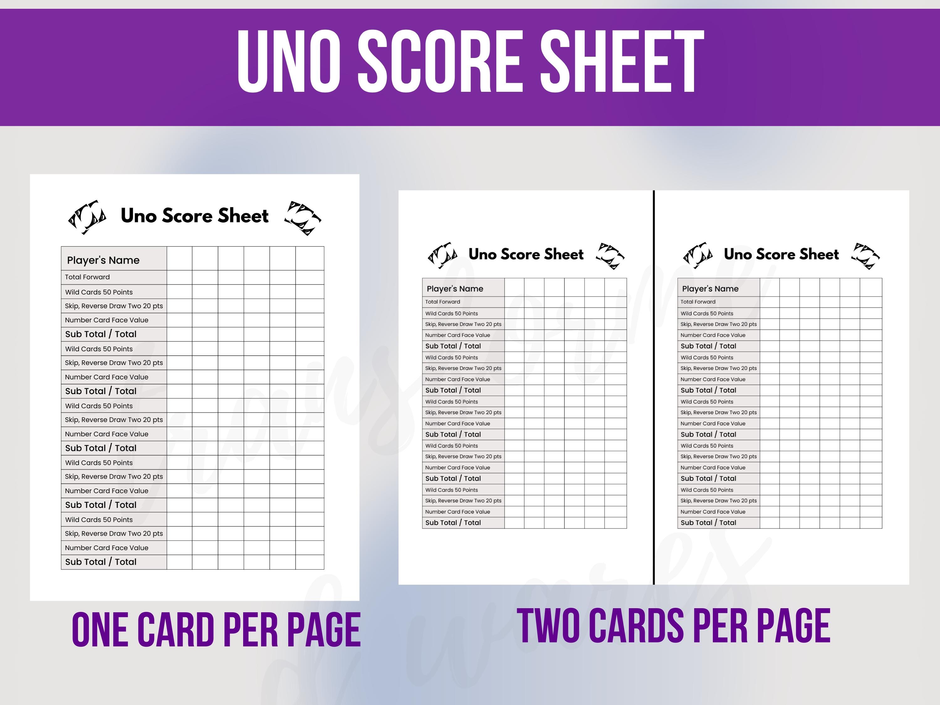 Uno Score Sheet Template, Printable Uno Score Sheet, Uno Card Game ...