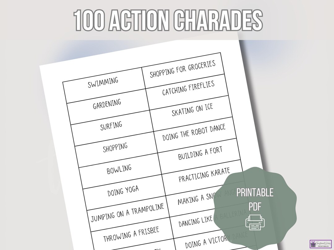 100 Printable Charades, Group Games, Action Charades For, Family Team ...