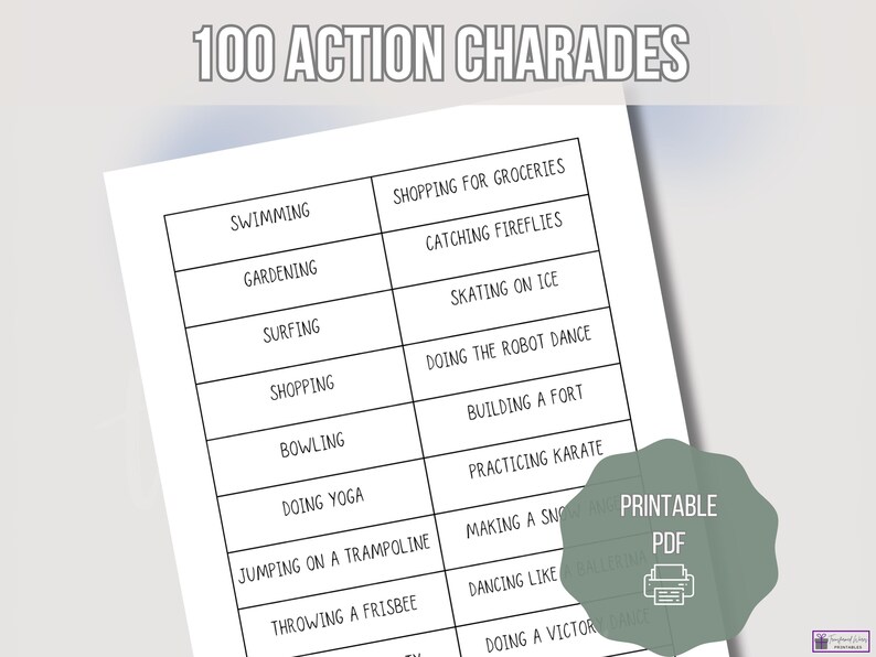 100 Printable Charades, Group Games, Action Charades For, Family Team ...