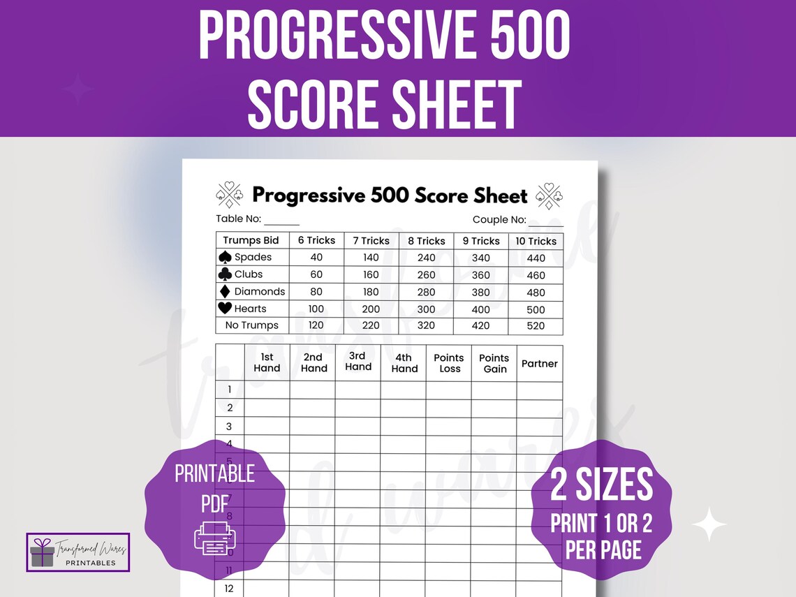 Progressive 500 Score Sheet, Printable Progressive 500 Score Sheet ...