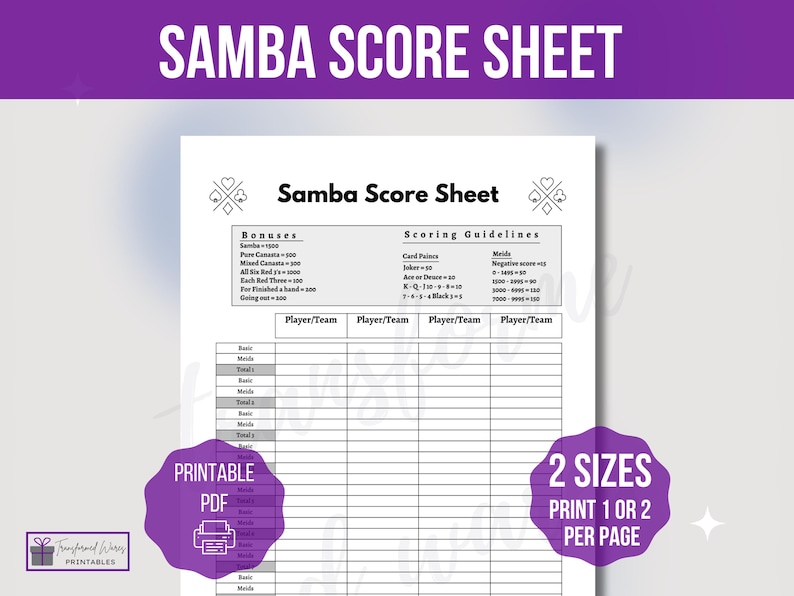 Samba Score Sheet Template, Printable Samba Score Sheet, Samba Card Game Score Sheet, Samba ...
