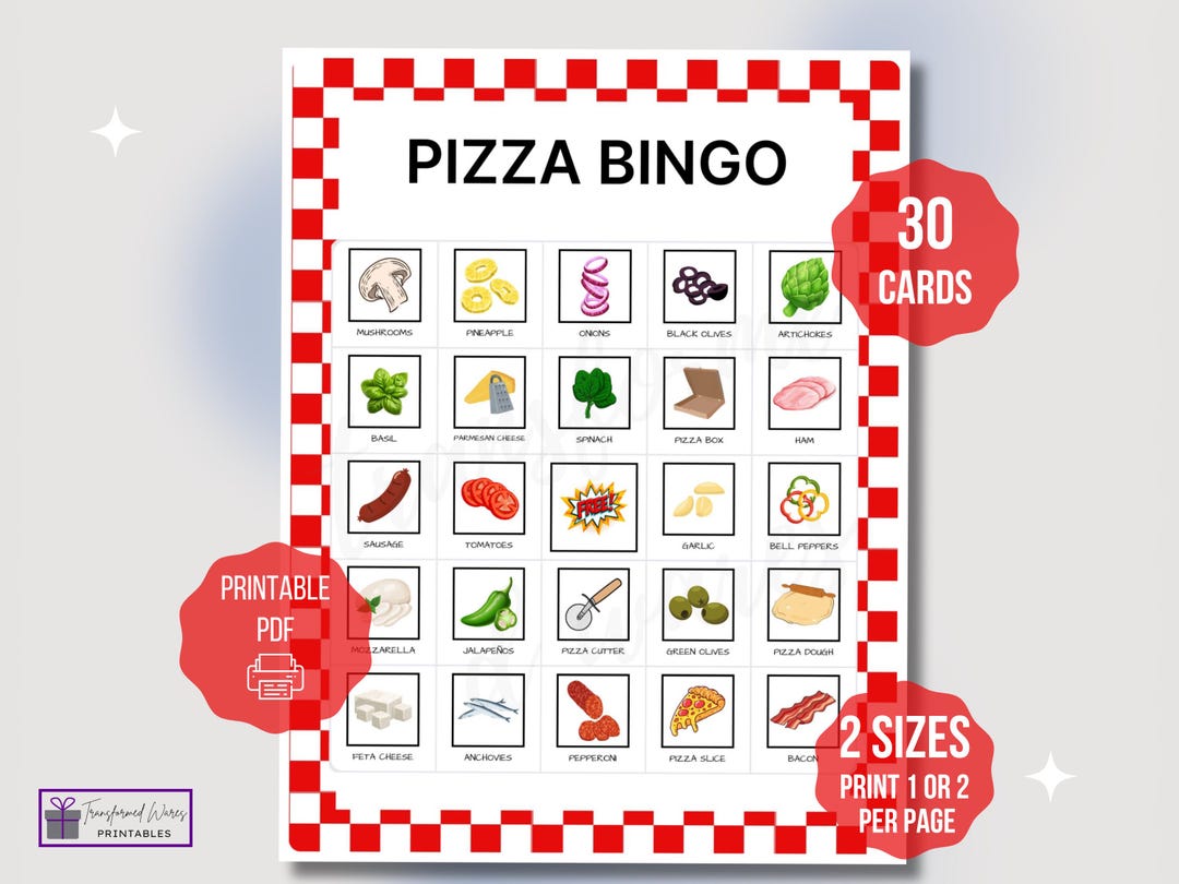 Pizza Bingo | Pizza Party Bingo | 30 Printable Pizza Bingo Cards ...