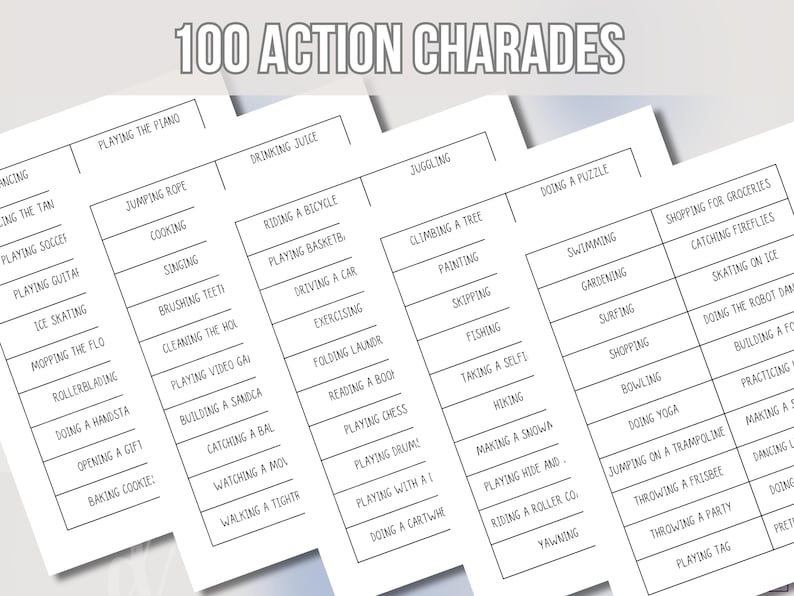 100 Printable Charades, Group Games, Action Charades For, Family Team ...
