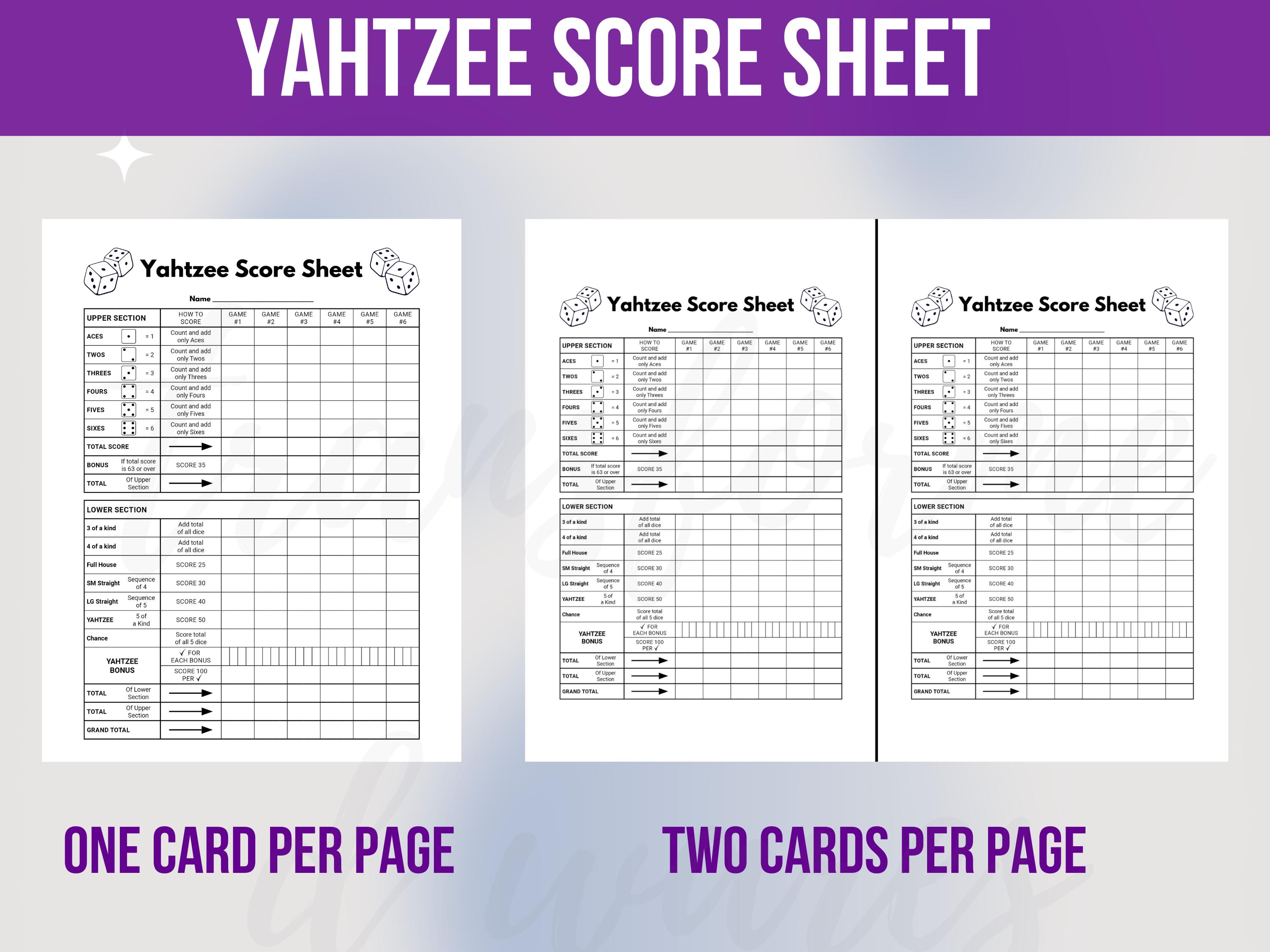 Yahtzee Score Sheet Template, Printable Yahtzee Score Sheet, Yahtzee ...