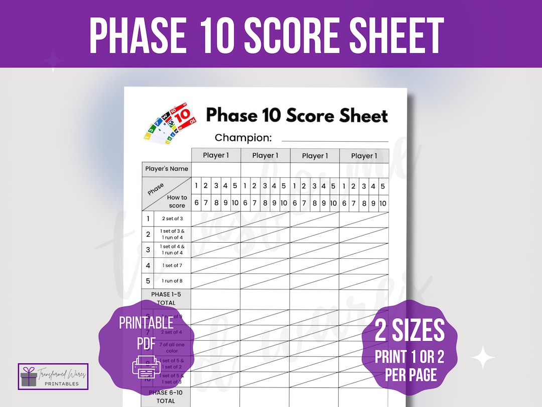 Phase 10 Score Sheet Template, Printable Phase 10 Score Sheet, Phase 10 ...
