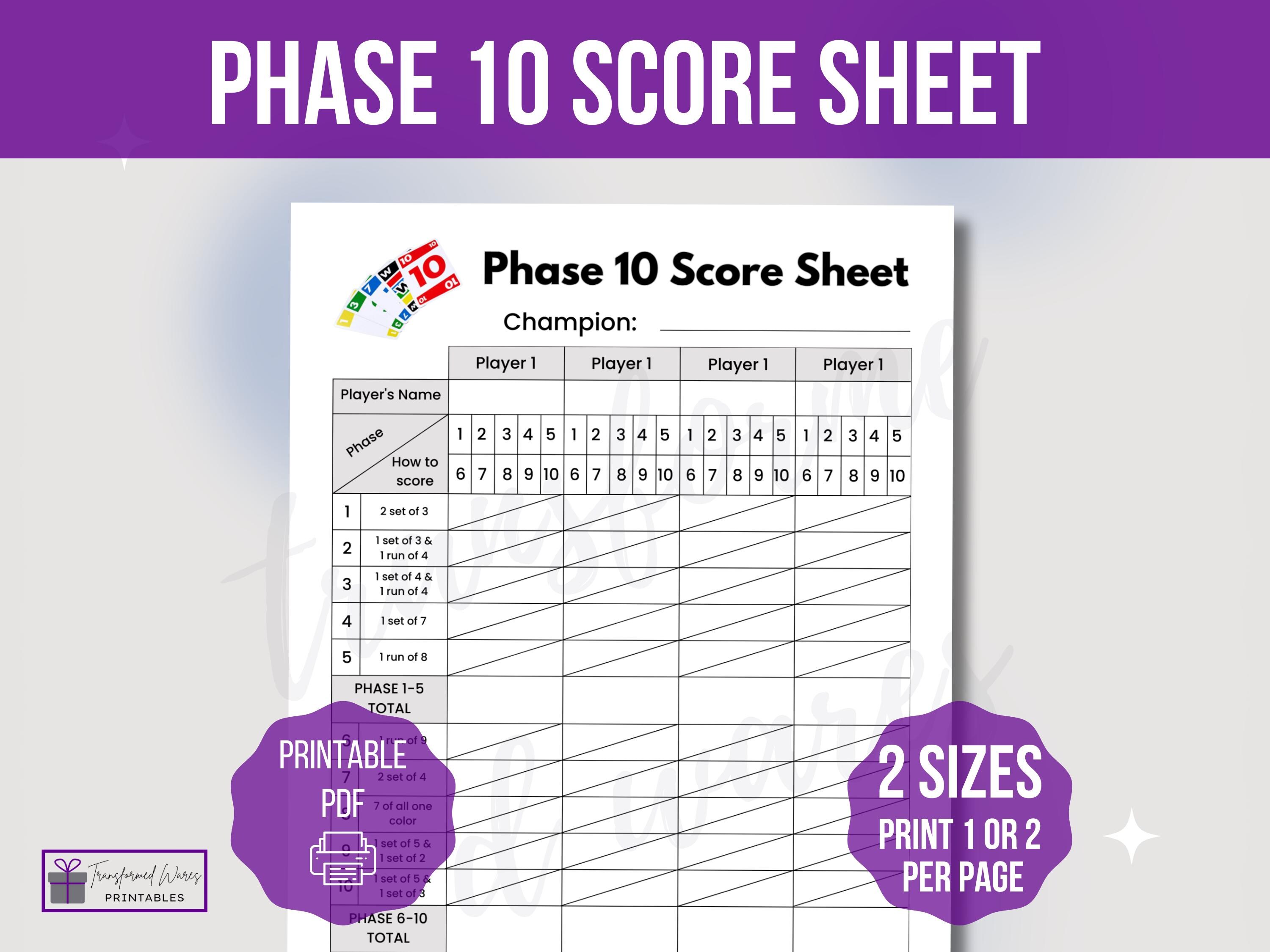 Phase 10 Score Sheet Template, Printable Phase 10 Score Sheet, Phase 10 ...