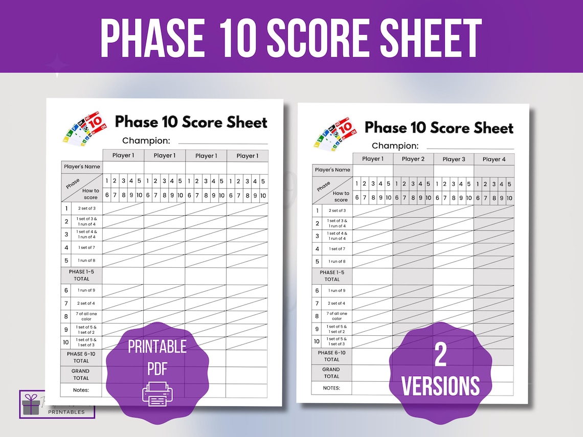 Phase 10 Score Sheet Template, Printable Phase 10 Score Sheet, Phase 10 Game Score Sheet ...