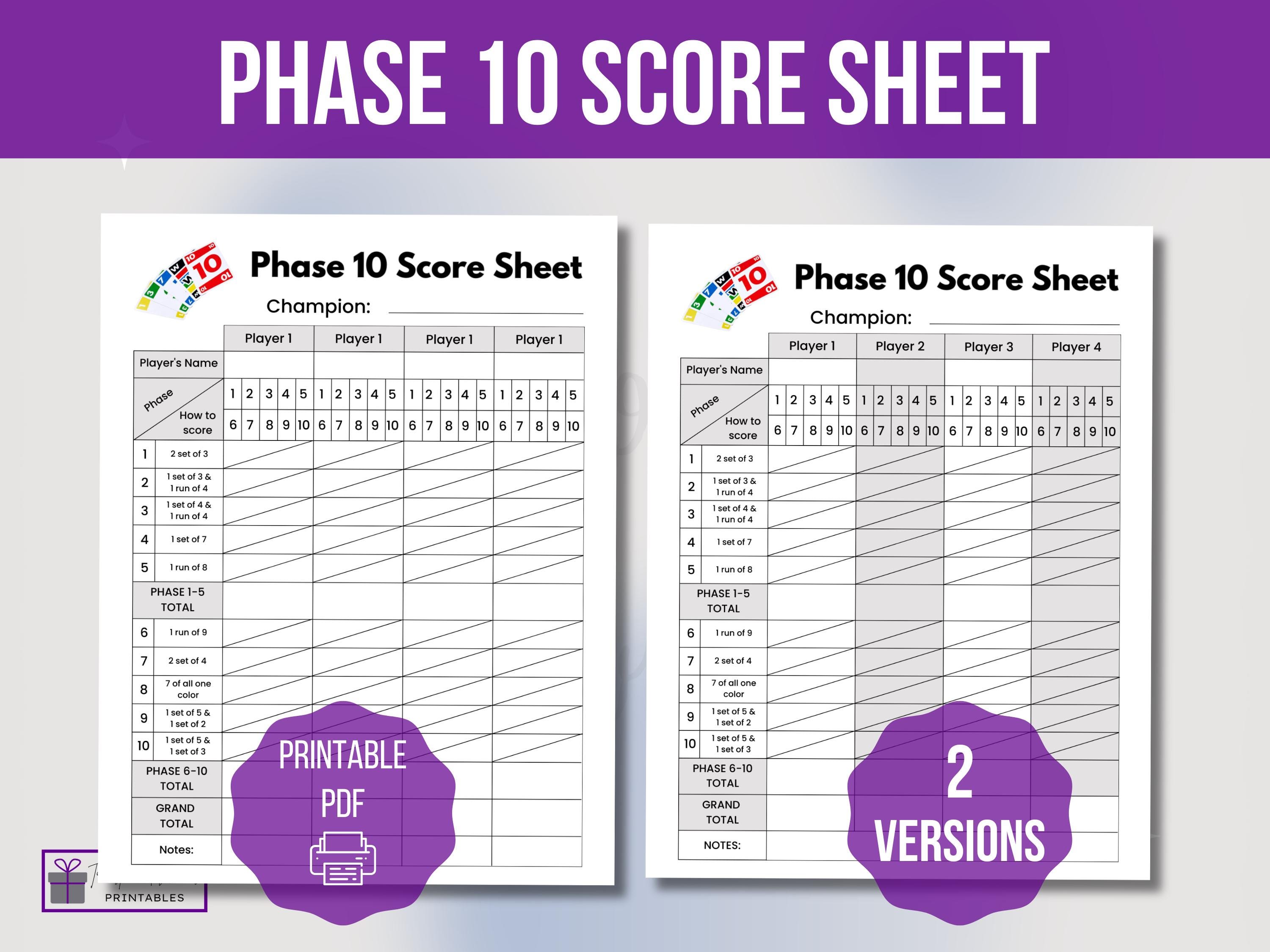 Phase 10 Score Sheet Template, Printable Phase 10 Score Sheet, Phase 10 Game Score Sheet ...