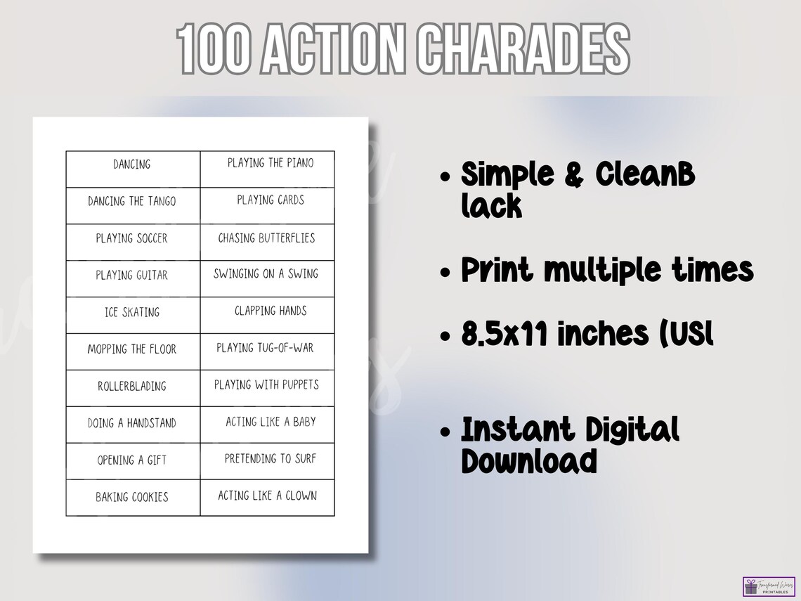 100 Printable Charades, Group Games, Action Charades For, Family Team ...