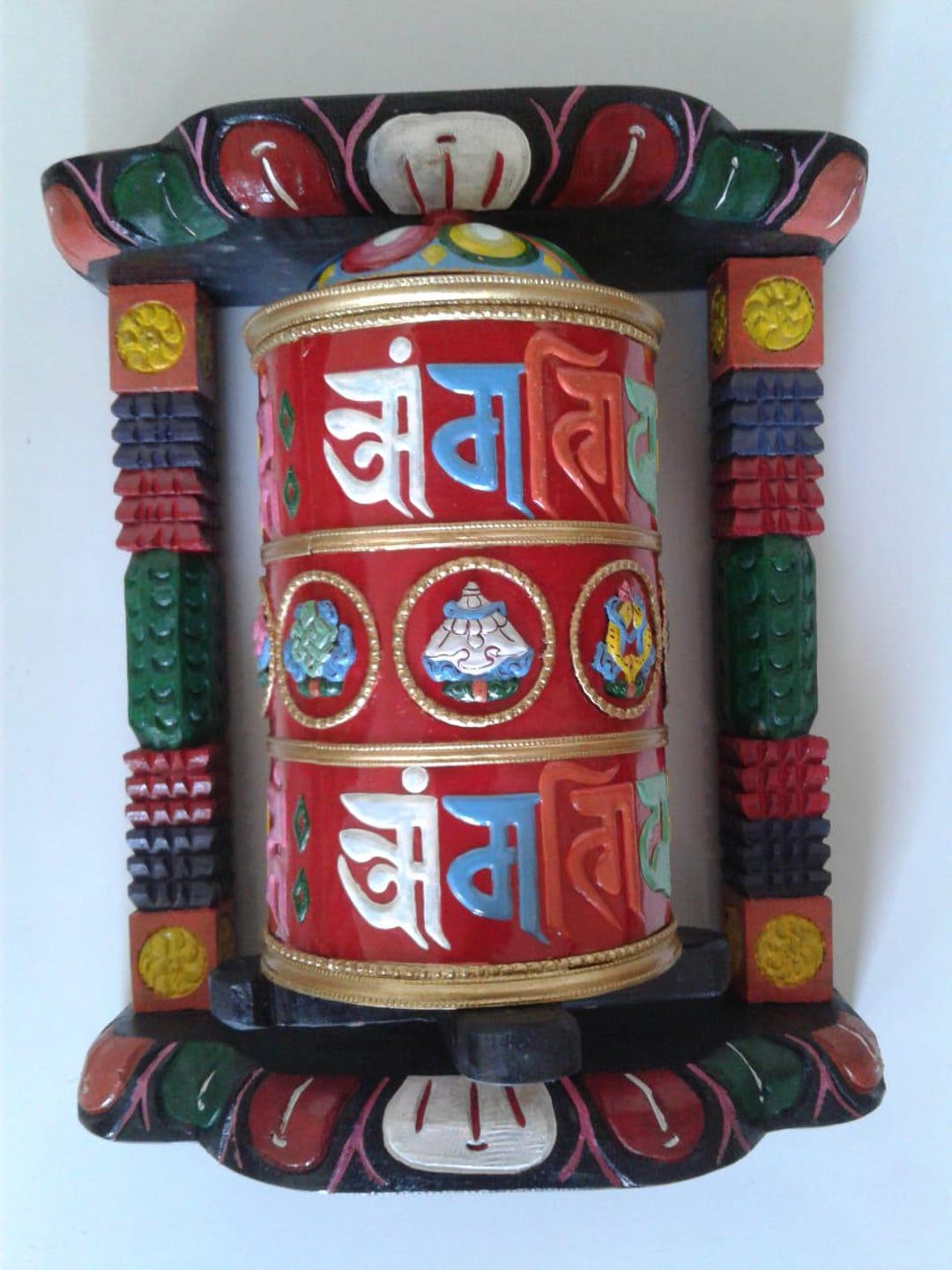 Handcrafted Wooden Buddhist Prayer Wheel , Vibrant Hand Painted ...