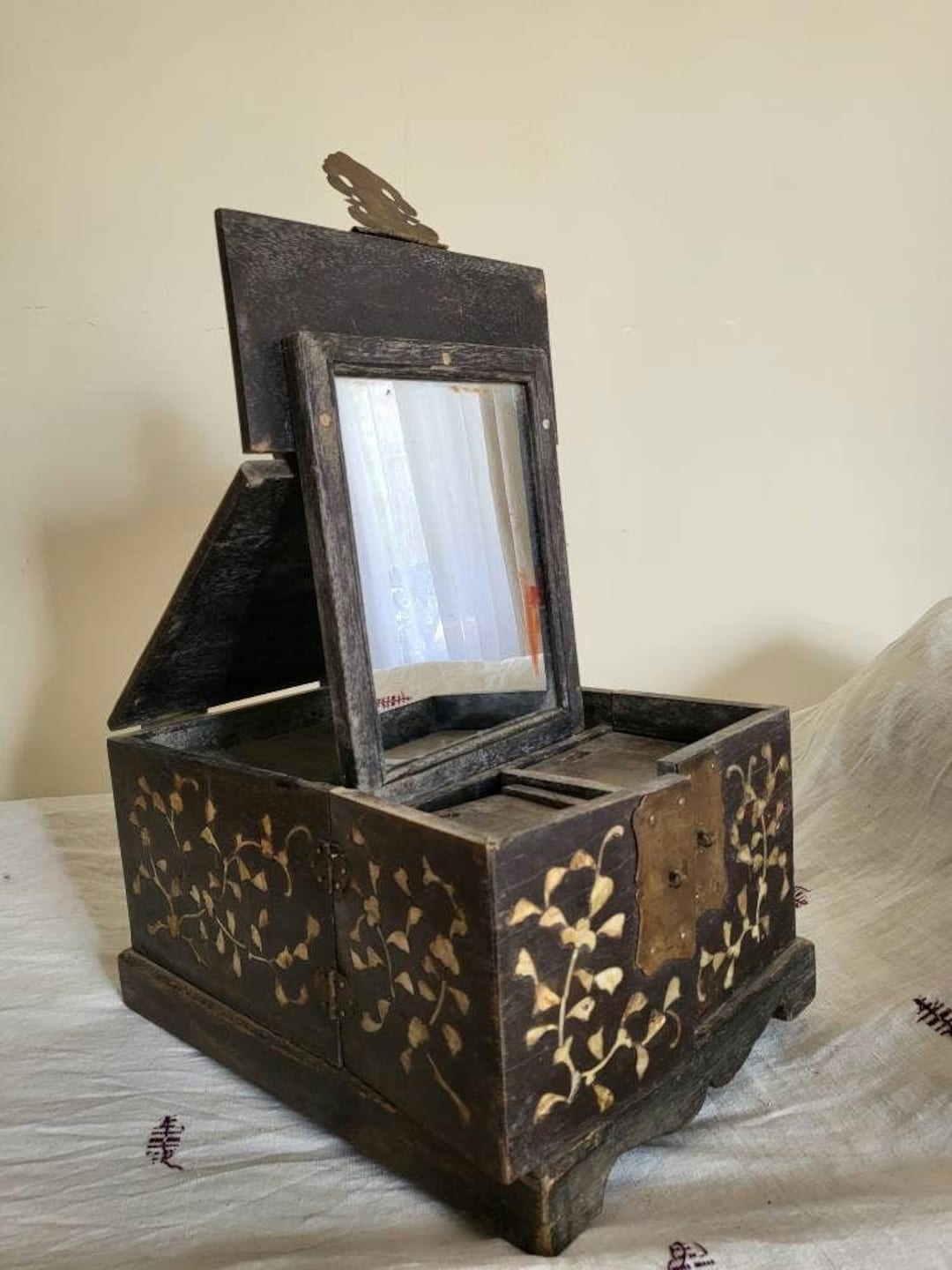 Rare Antique Mongolian Jewelry Box . Handcrafted Wood & Mother of Pearl ...