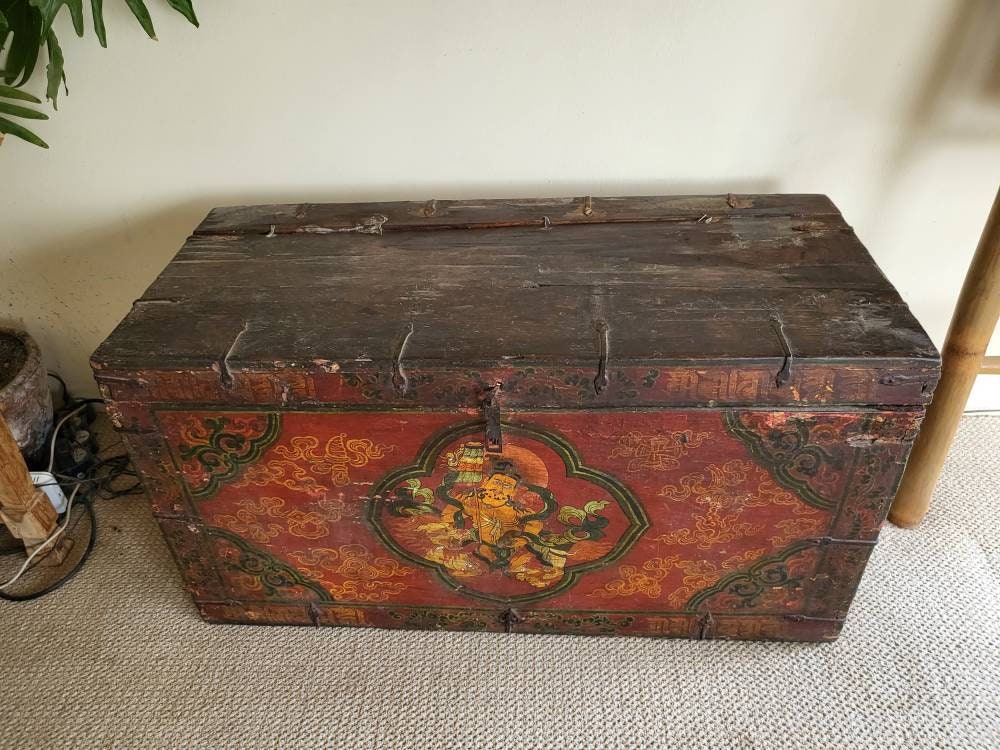 Antique Tibetan Wooden Trunk.tibetan Trunk Hand Painted. Budhist Trunk ...