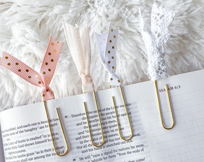 Pink & White Ribbon Paperclip Page Marker Bookmarks, Set of 4, Boho ...