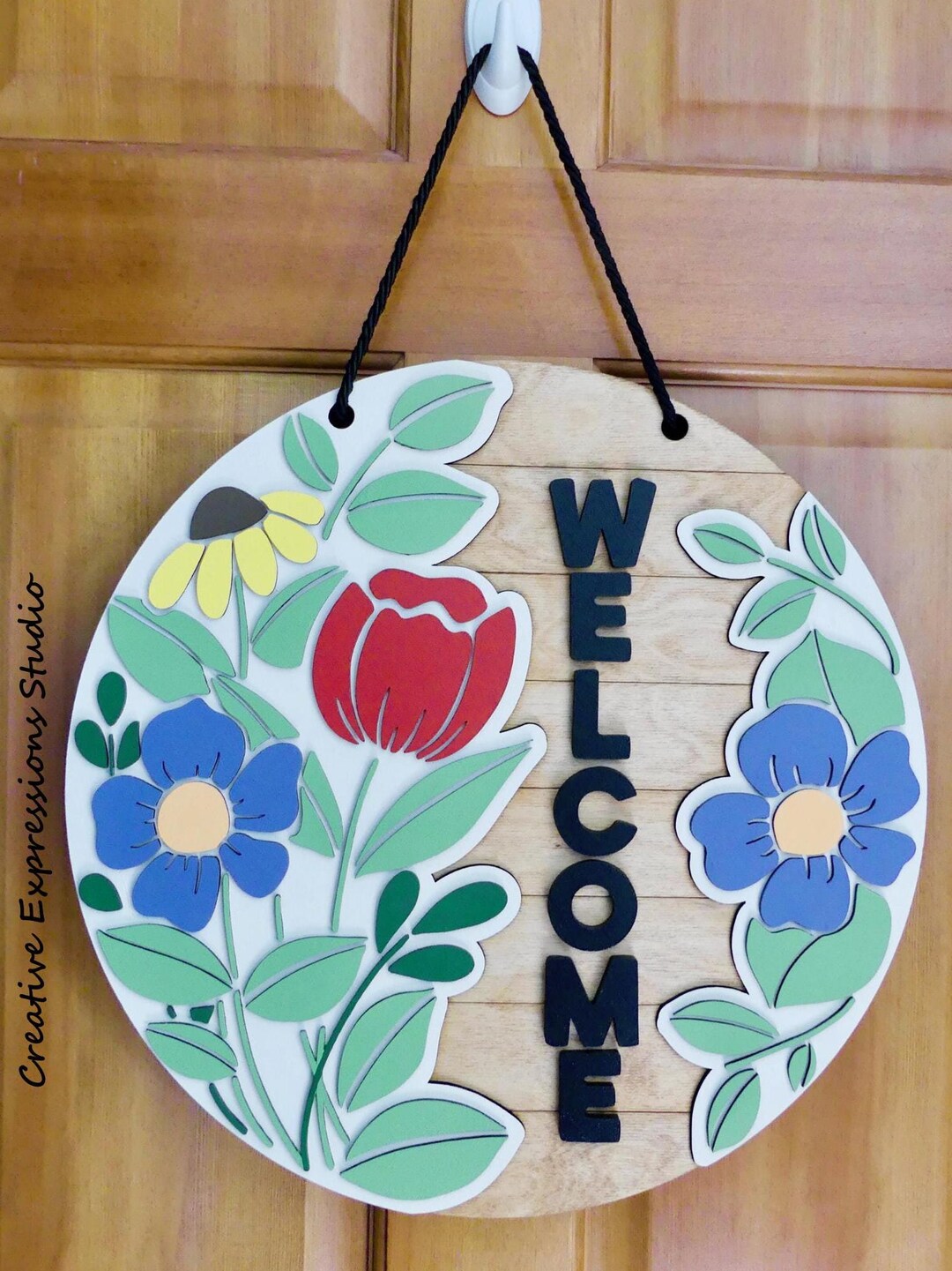Spring Time Welcome Sign Flowers Wood Slats Tulips Daisy Floral Porch ...