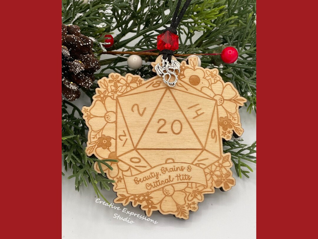 Floral Engraved D20 Dice Ornament: Dragon Charm, Sparkly Bead - Etsy