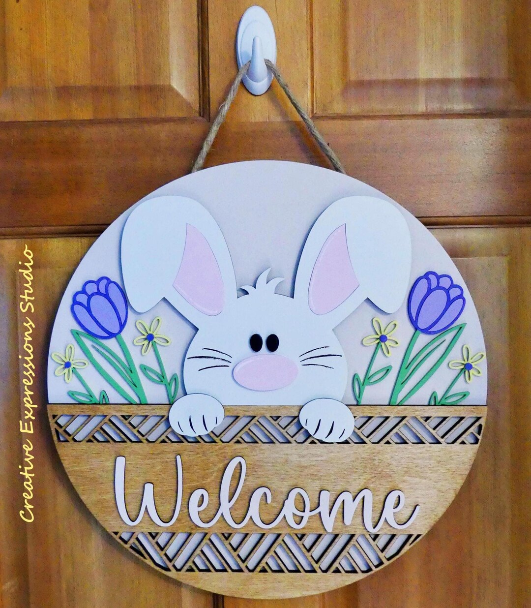 Rabbit With Flowers on Fence Sign Welcome Happy Easter Sign Bunny ...
