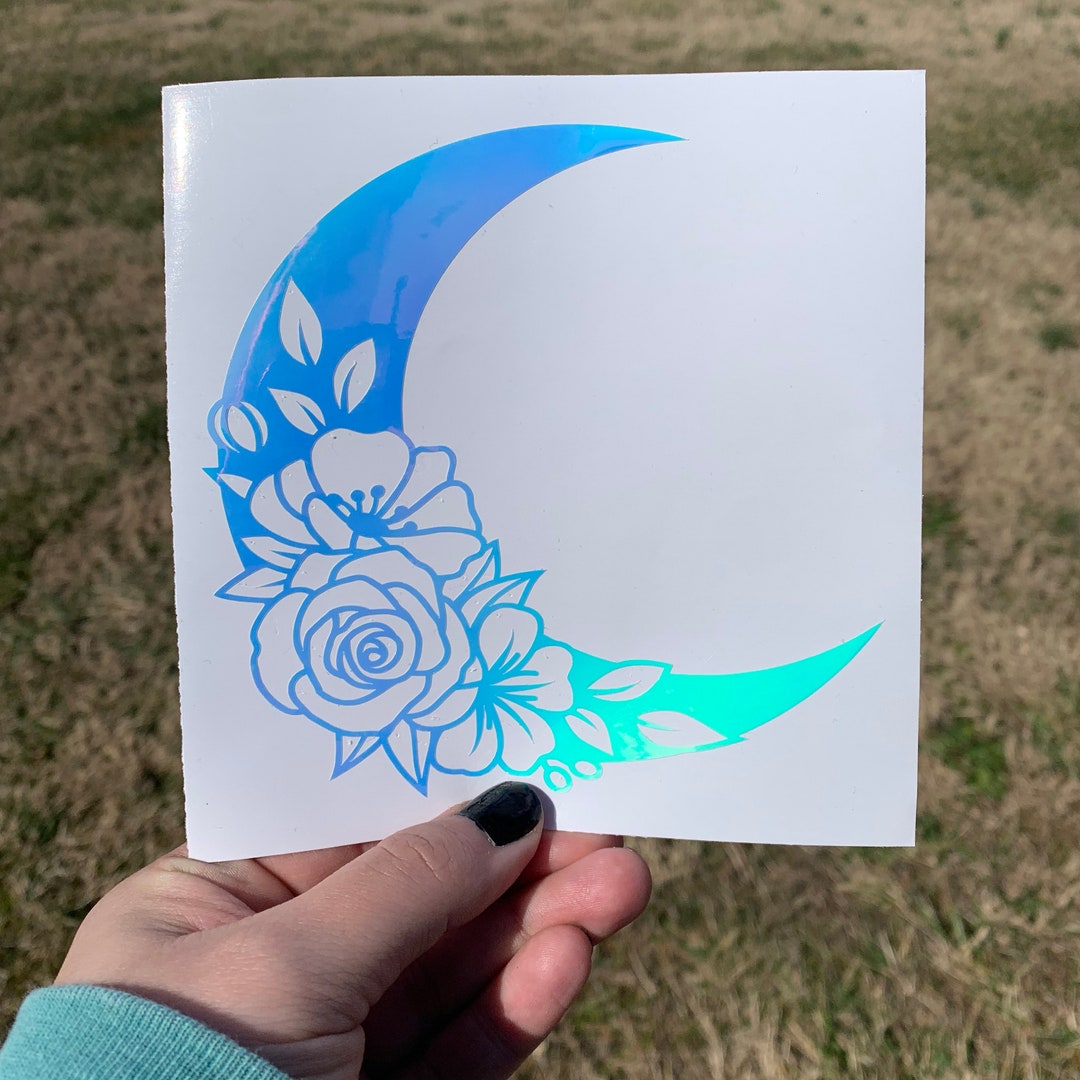 Crescent Moon Decal, Celestial Sticker, Floral Moon, Holographic Decal ...