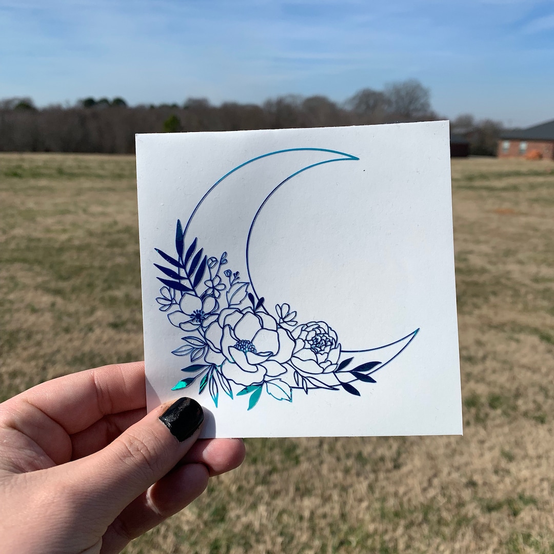 Crescent Moon Decal, Celestial Sticker, Floral Moon, Holographic Decal ...