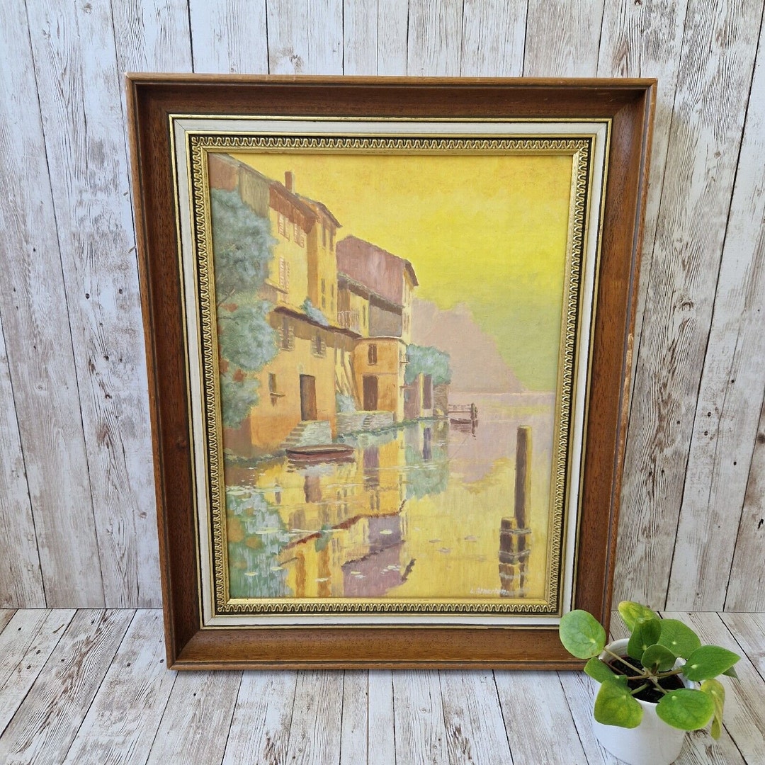 Stunning Vintage Italian Oil Painting on Board Framed Signed Lake ...