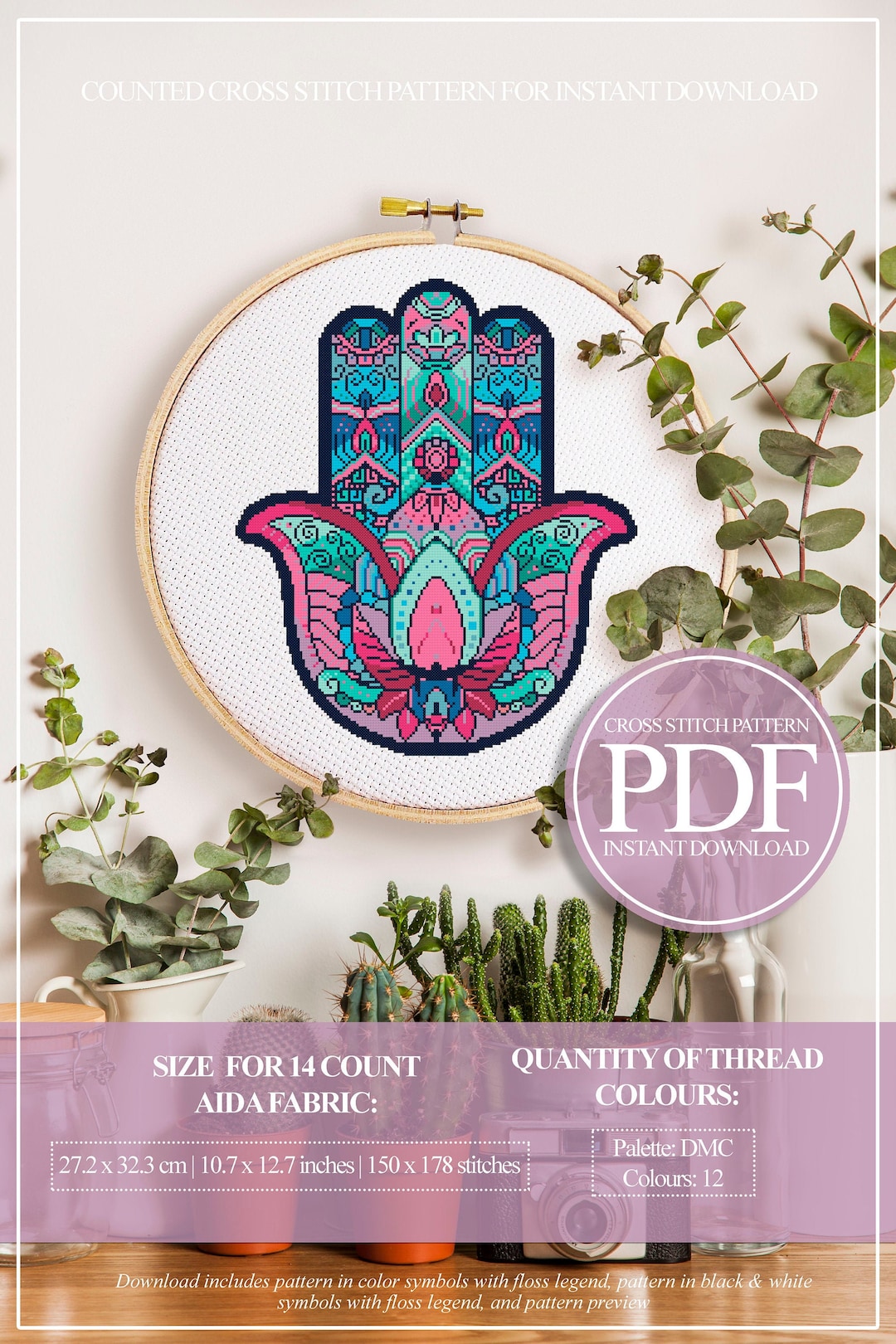 Mandala Cross Stitch Pattern PDF, Hamsa Hand Cross Stitch Pattern, Colorful Cross Stitch ...