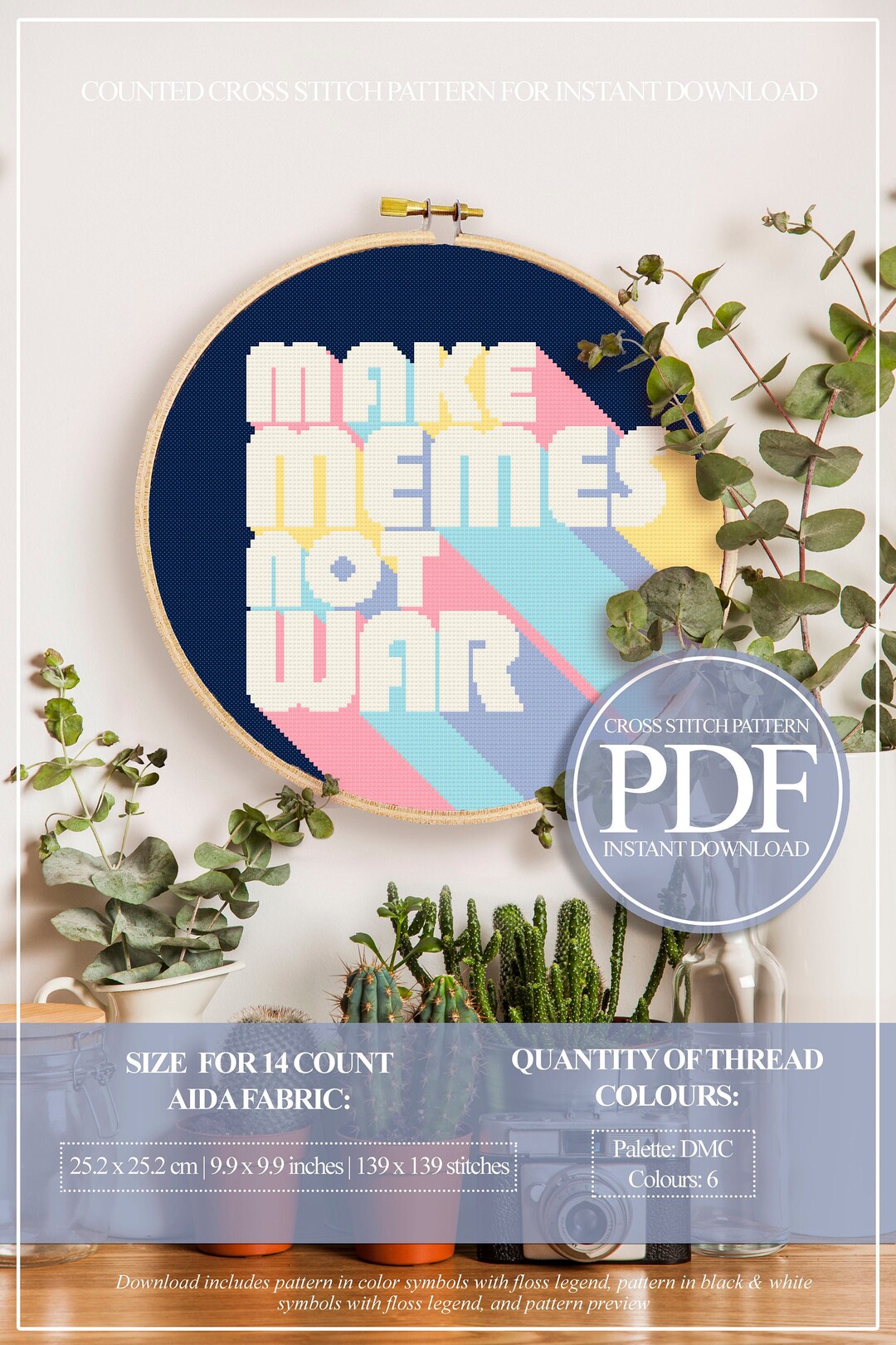Meme Cross Stitch Pattern, Make Memes Not War Quote Cross Stitch, Retro ...