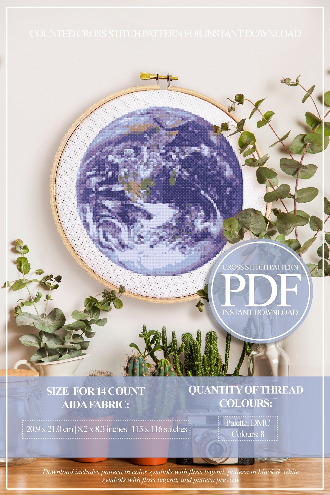 Earth Cross Stitch Pattern PDF, Globe Cross Stitch, Moon Cross Stitch ...