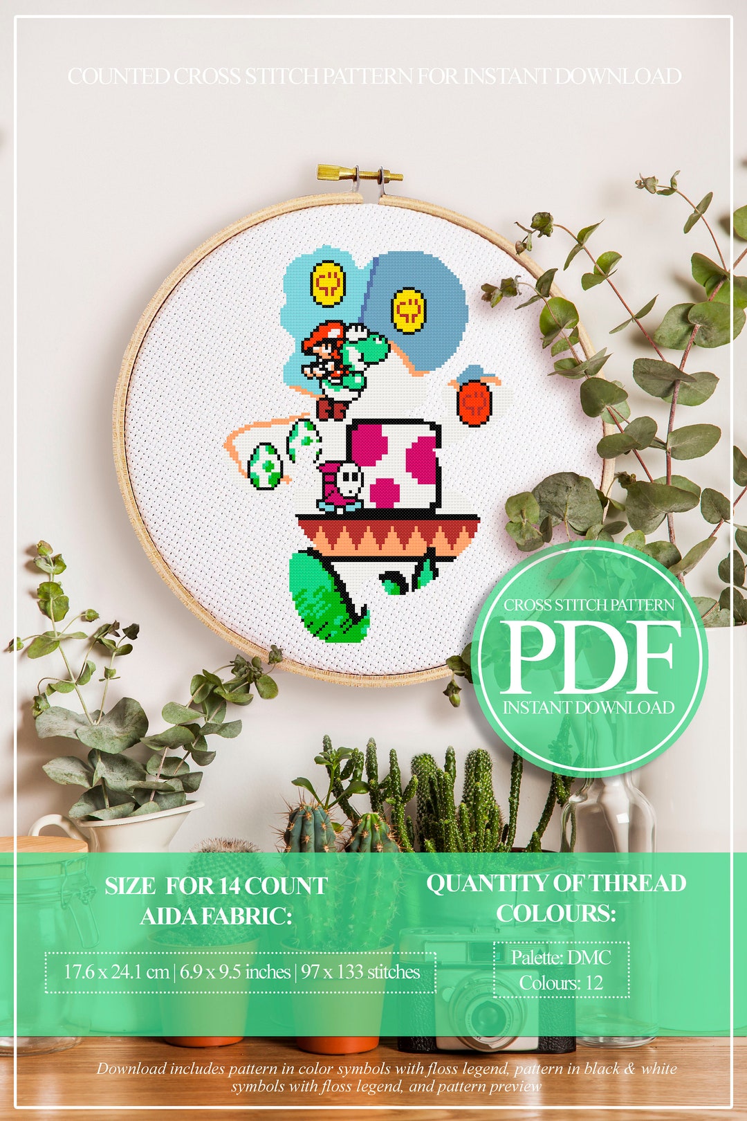 Yoshi Cross Stitch Pattern, Retro Game Embroidery (PDF Pattern) - Etsy