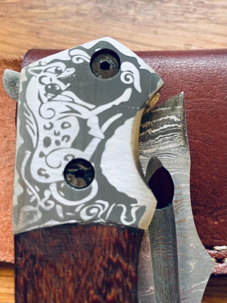 Personalized Damascus Steel Folding Knife With Leather Sheath Gift ...