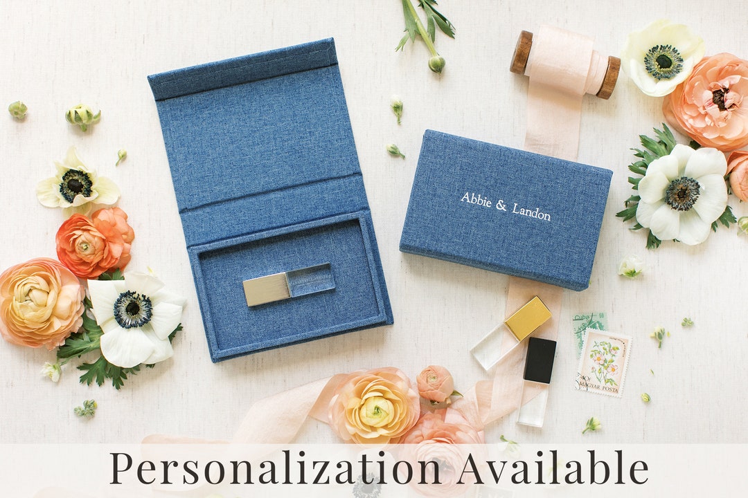 FRENCH BLUE Linen Box | USB Box | Sized for Crystal With Metal Cap ...