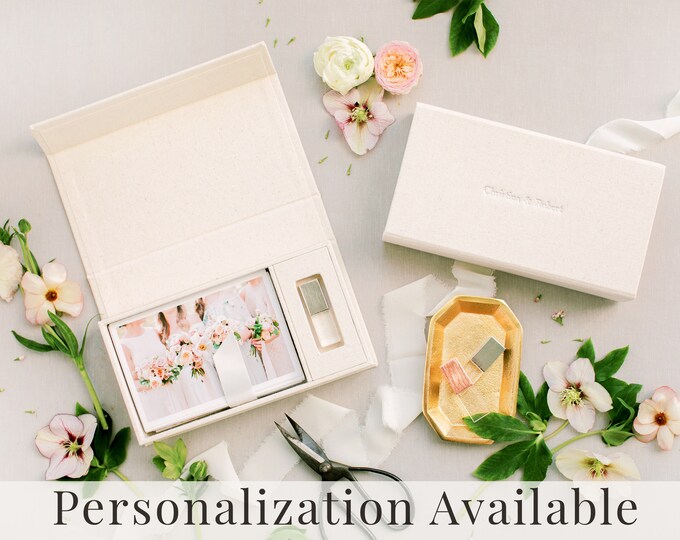 CREAM Linen Box 4x6 Photo and USB Box Off-white Ribbon Proof Print ...