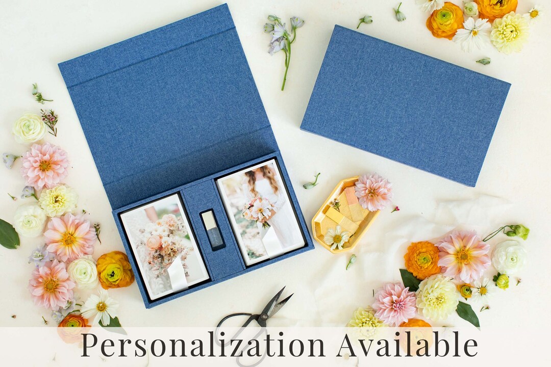 FRENCH BLUE Linen Box | 4x6 Double Photo and USB Box | Off-white Ribbon ...