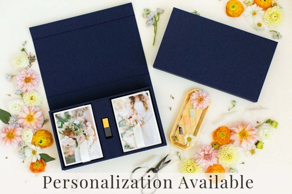 NAVY BLUE Linen Box 5x7 Double Photo and USB Box Off-white | Etsy