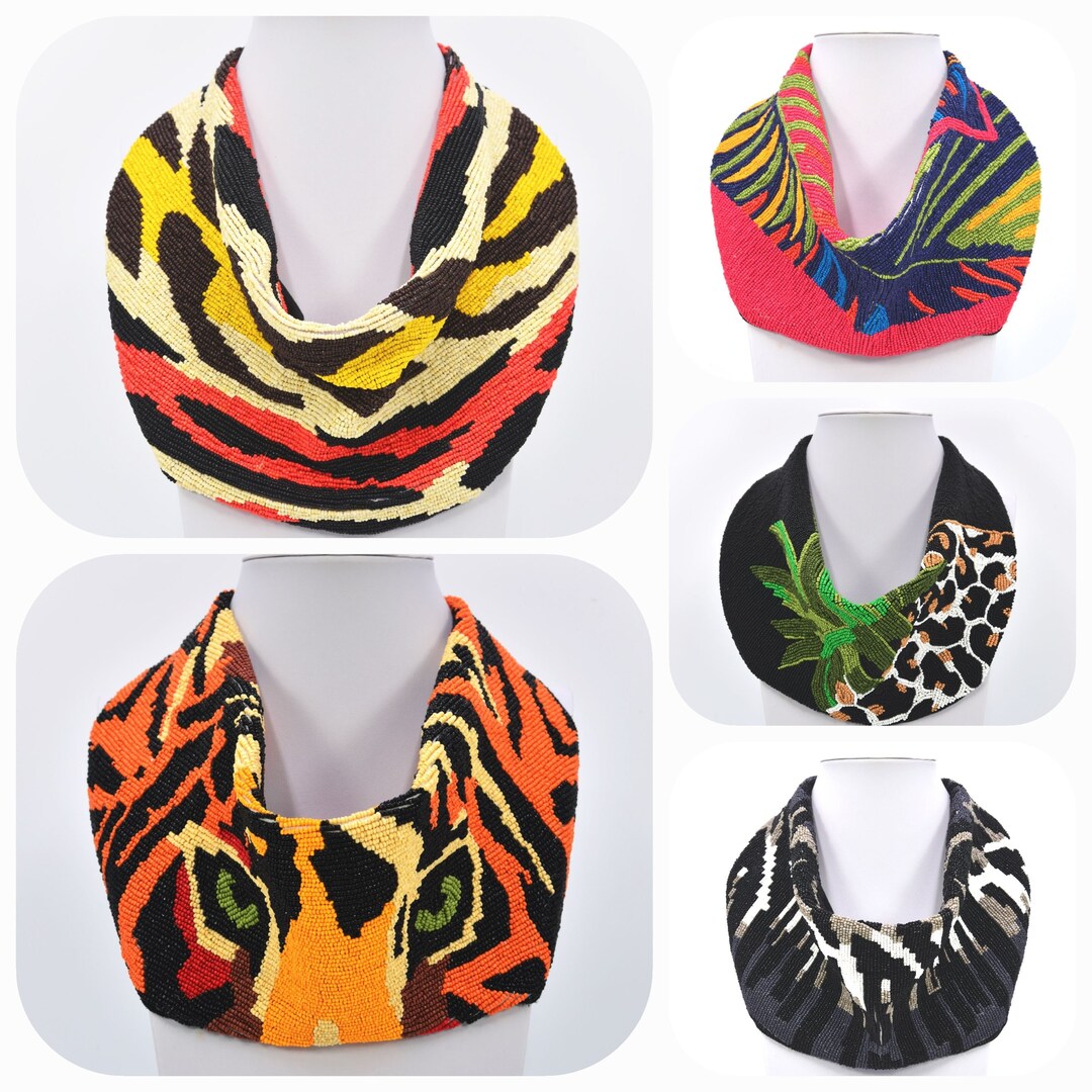 Hand Made India Glass Seed Bead Animal Pattern Scarf Necklace, Seed ...