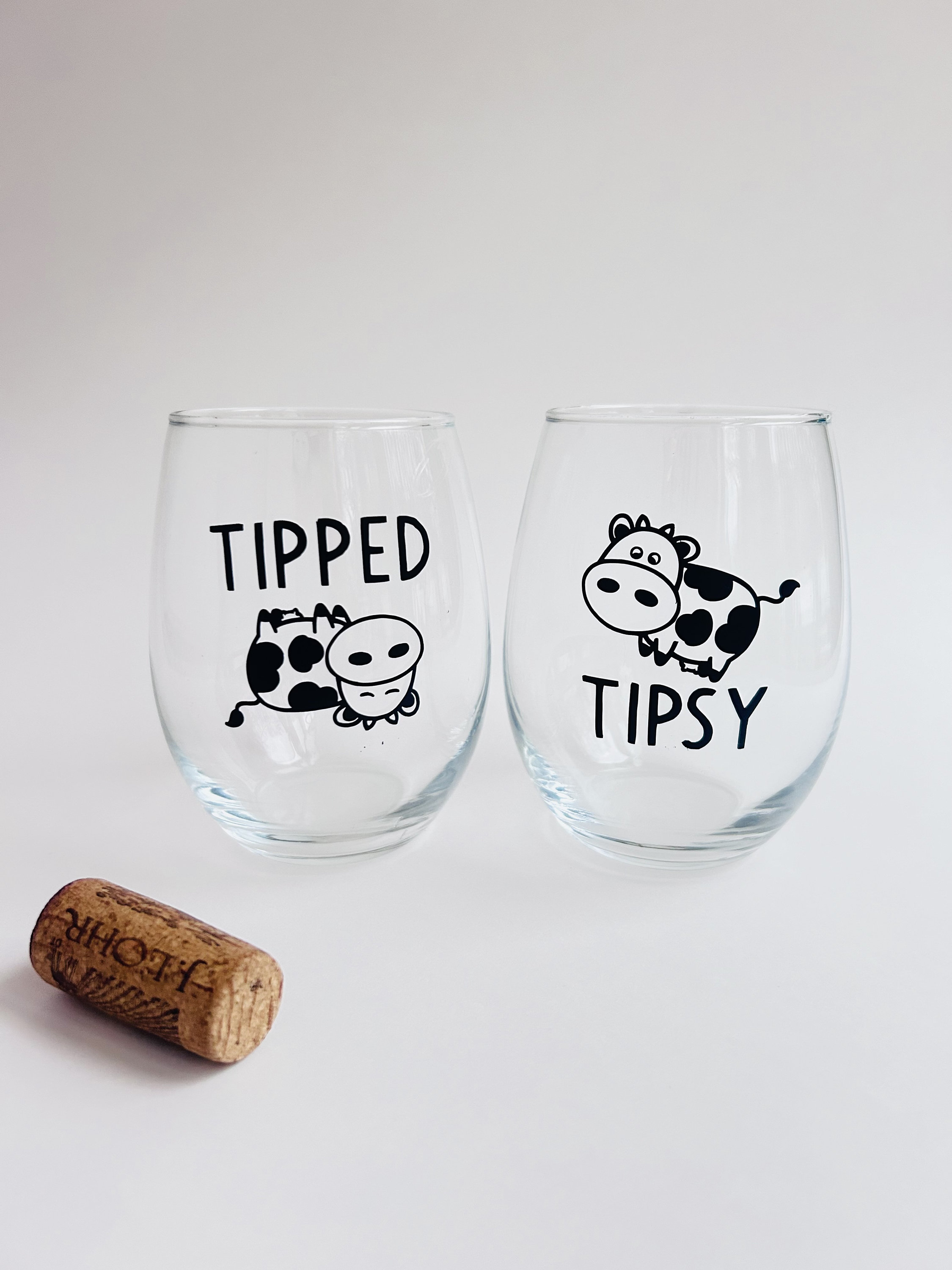 Tipped and Tipsy Cow Stemless Wine Glass Set - 15 Ounces Each - Etsy
