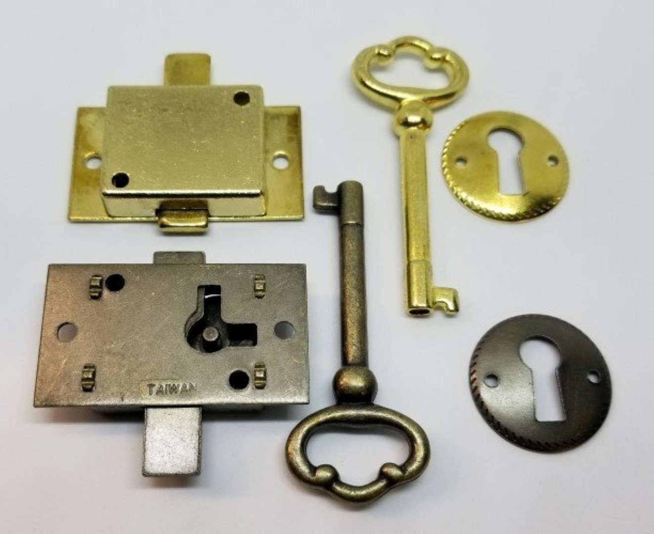 SMALL POLISHED BRASS Flush Mount Lock Set Kit Plated Cupboard Chest ...