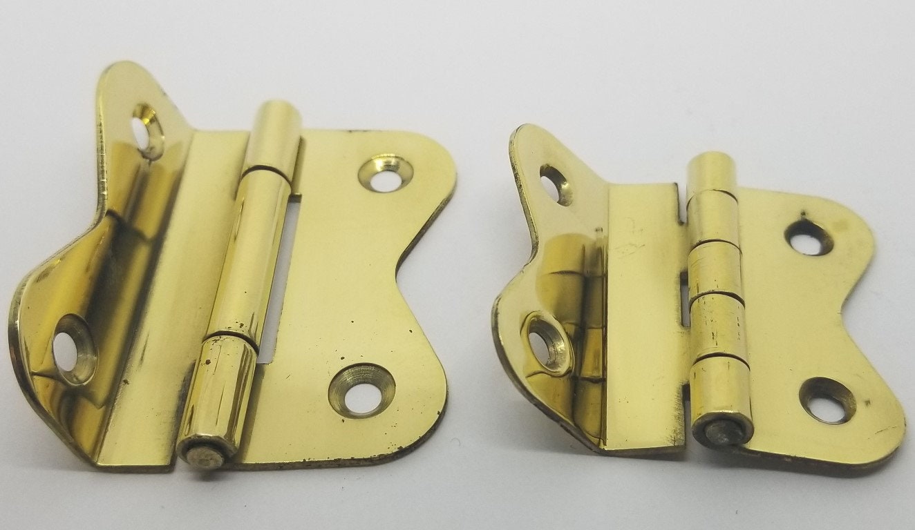 SMALL POLISHED BRASS Hoosier Cabinet Hinge 3/8 Offset Angled Sellers ...