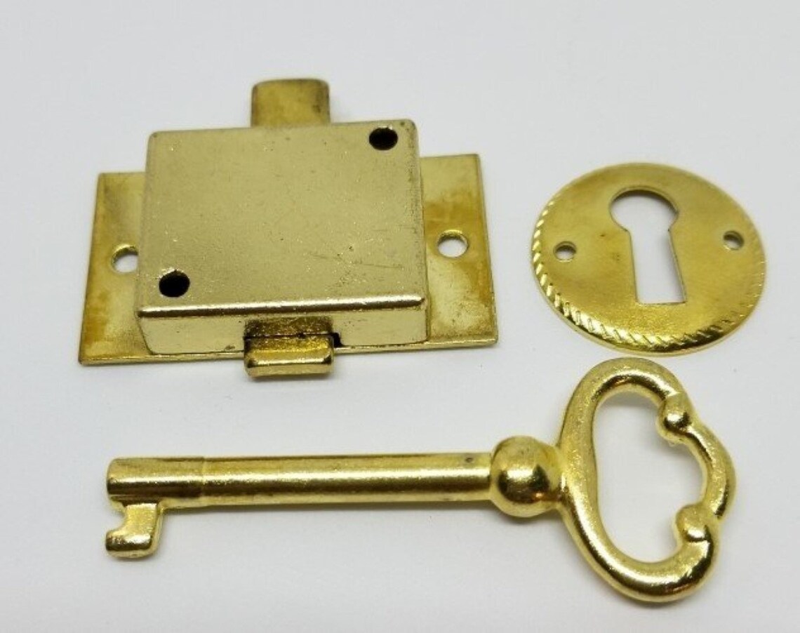SMALL POLISHED BRASS Flush Mount Lock Set Kit Plated Cupboard Chest ...
