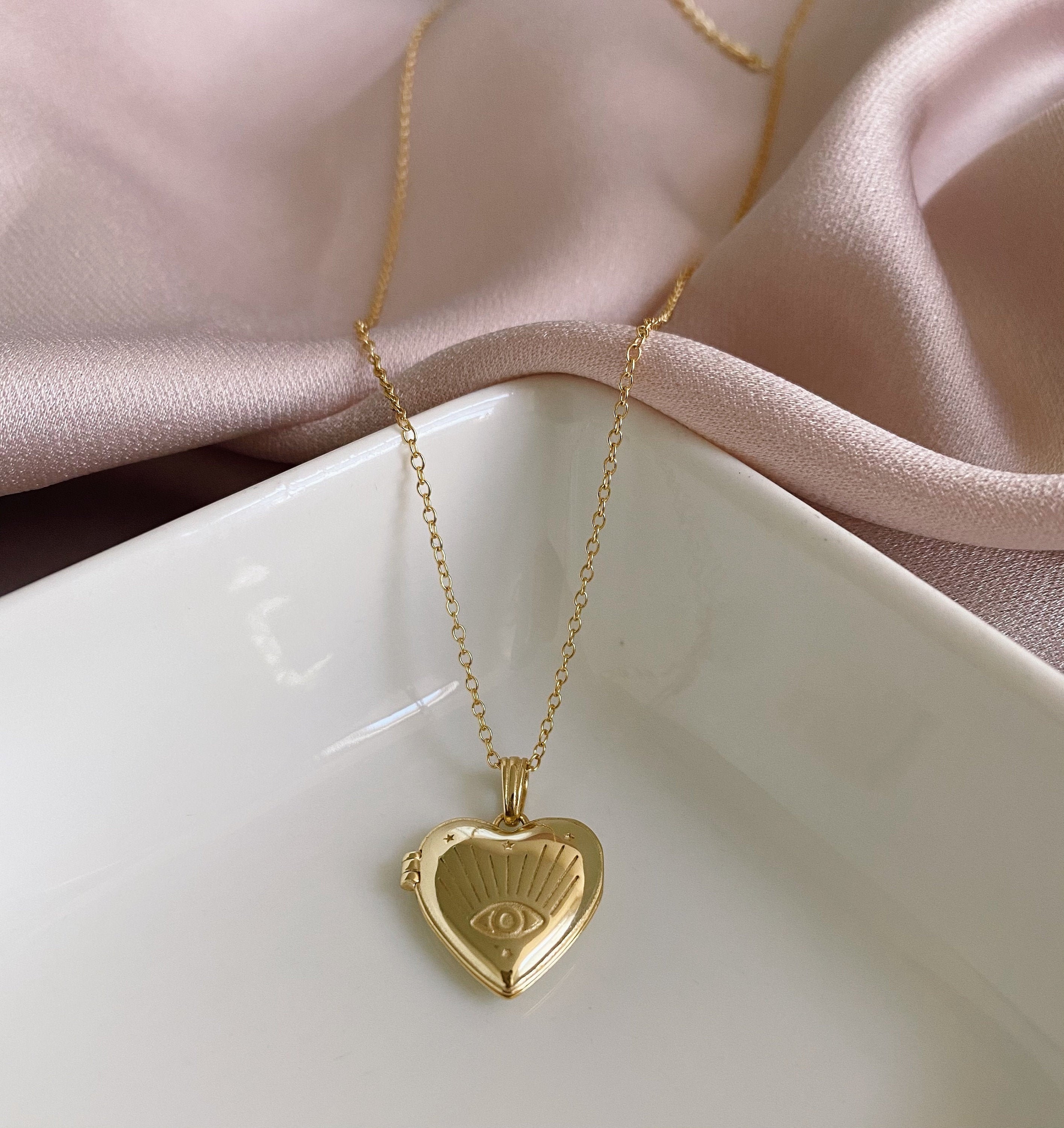 14K Gold Plated Evil Eye Locket Pendant Necklace in 925 | Etsy Canada